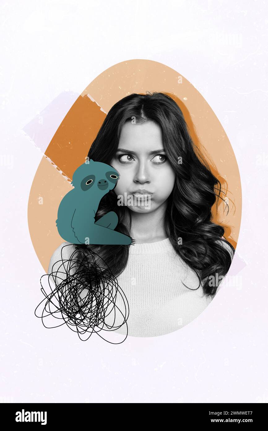 Collage 3d image of pinup pop retro sketch of sad unhappy female sloth ...