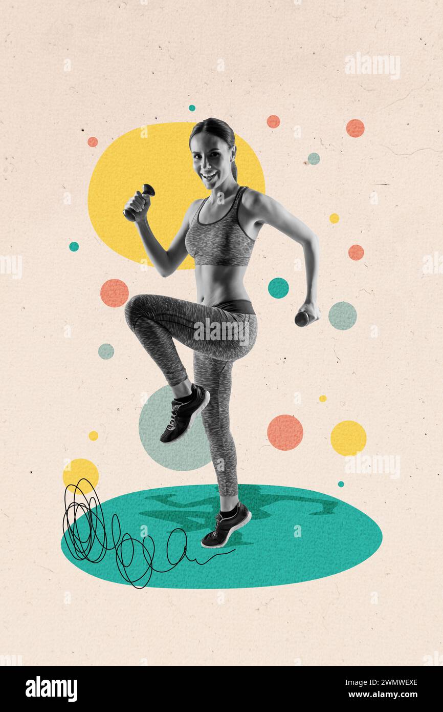 Vertical creative collage young sporty woman do exercise trainer ...