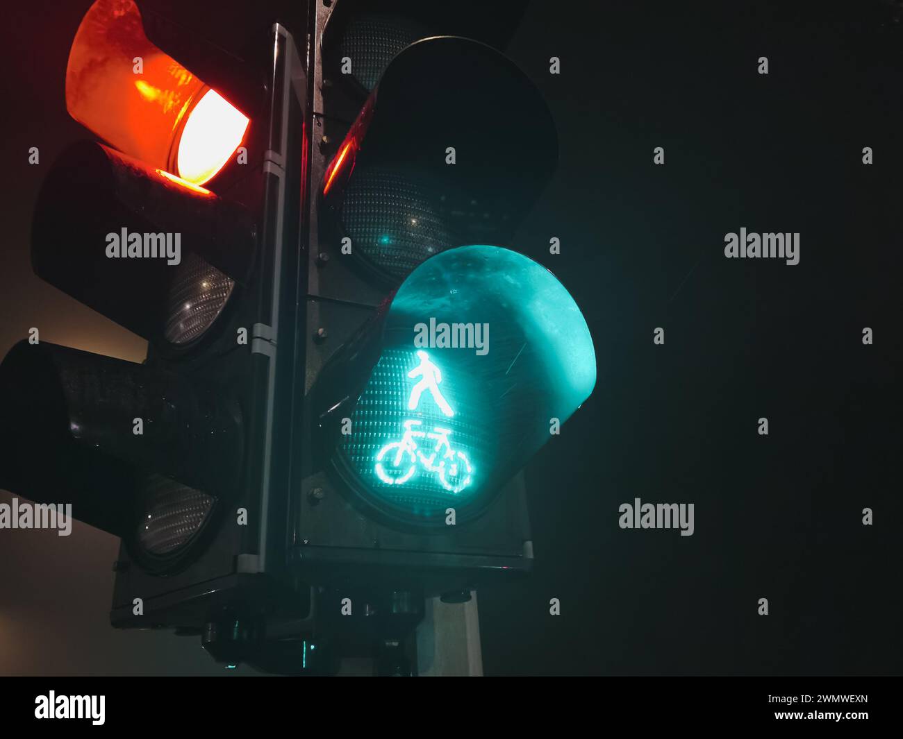 Traffic control, traffic light with green light at night. High quality ...