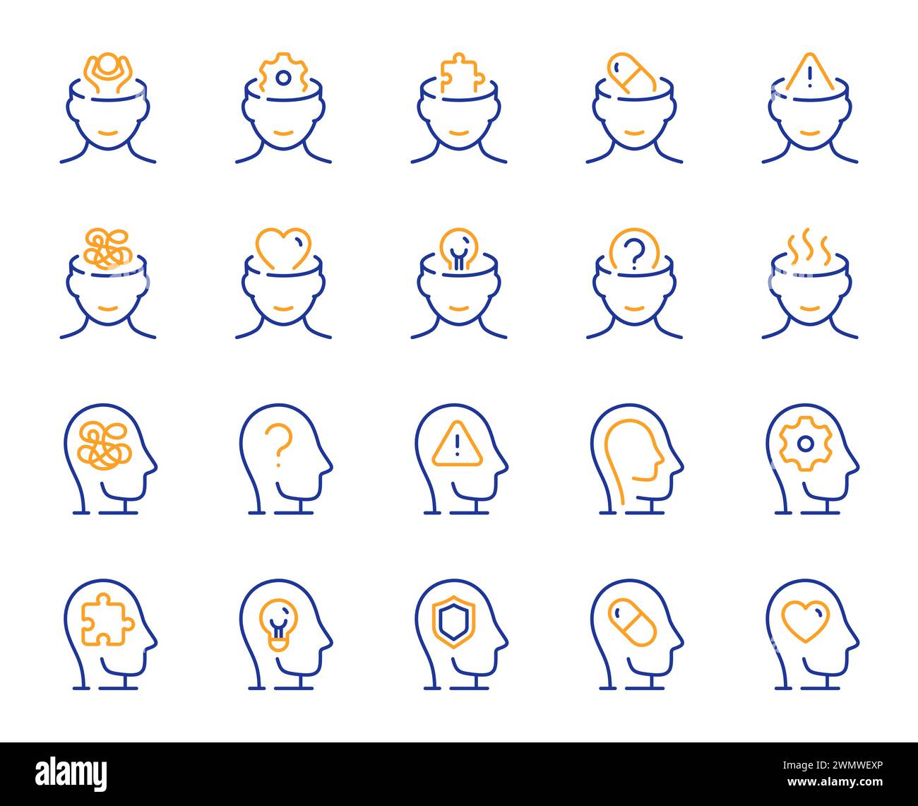 Mental health line icons. Stress anxiety, headache pill and person ...
