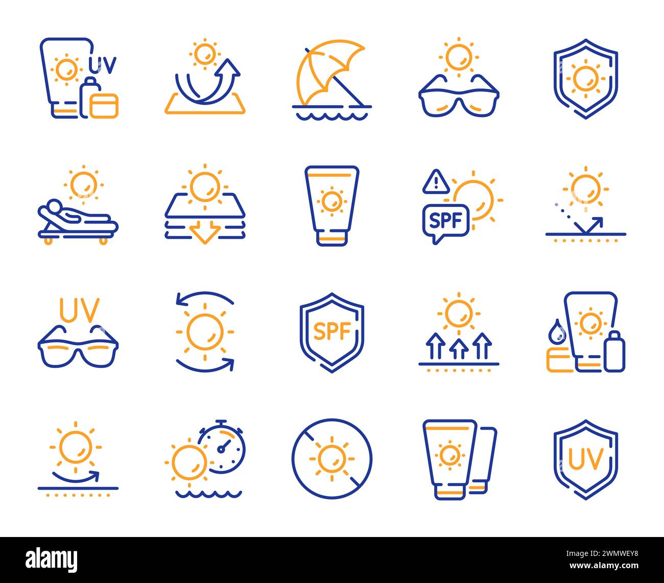 Sun protection line icons. Sunscreen, beach lounger and umbrella set ...