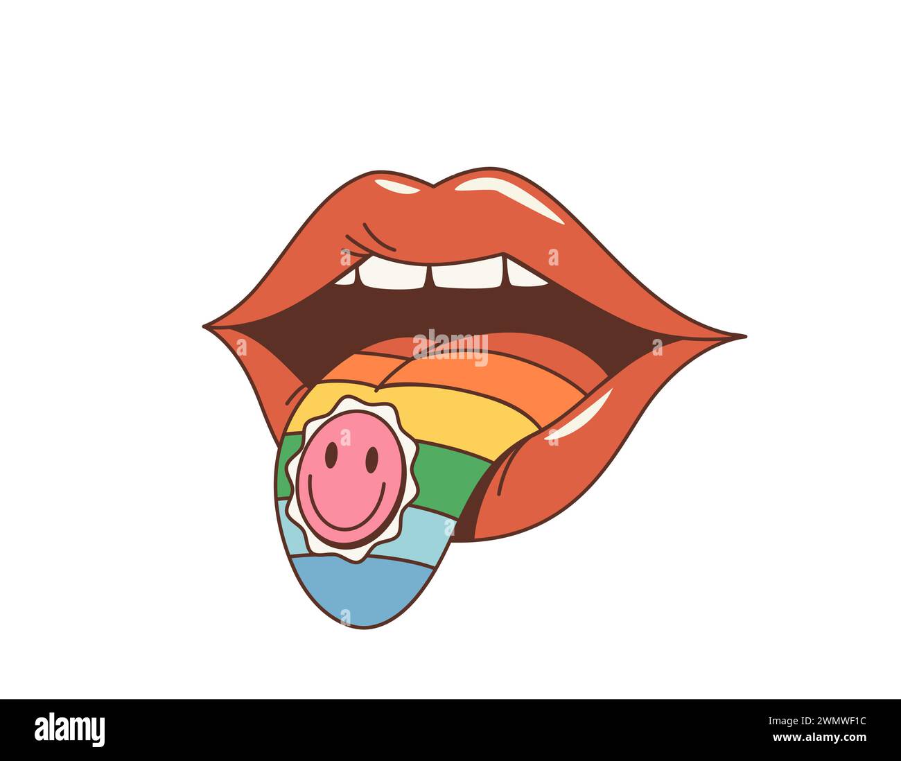 Cartoon groovy woman mouth with tongue and drug stamp. Isolated vector ...