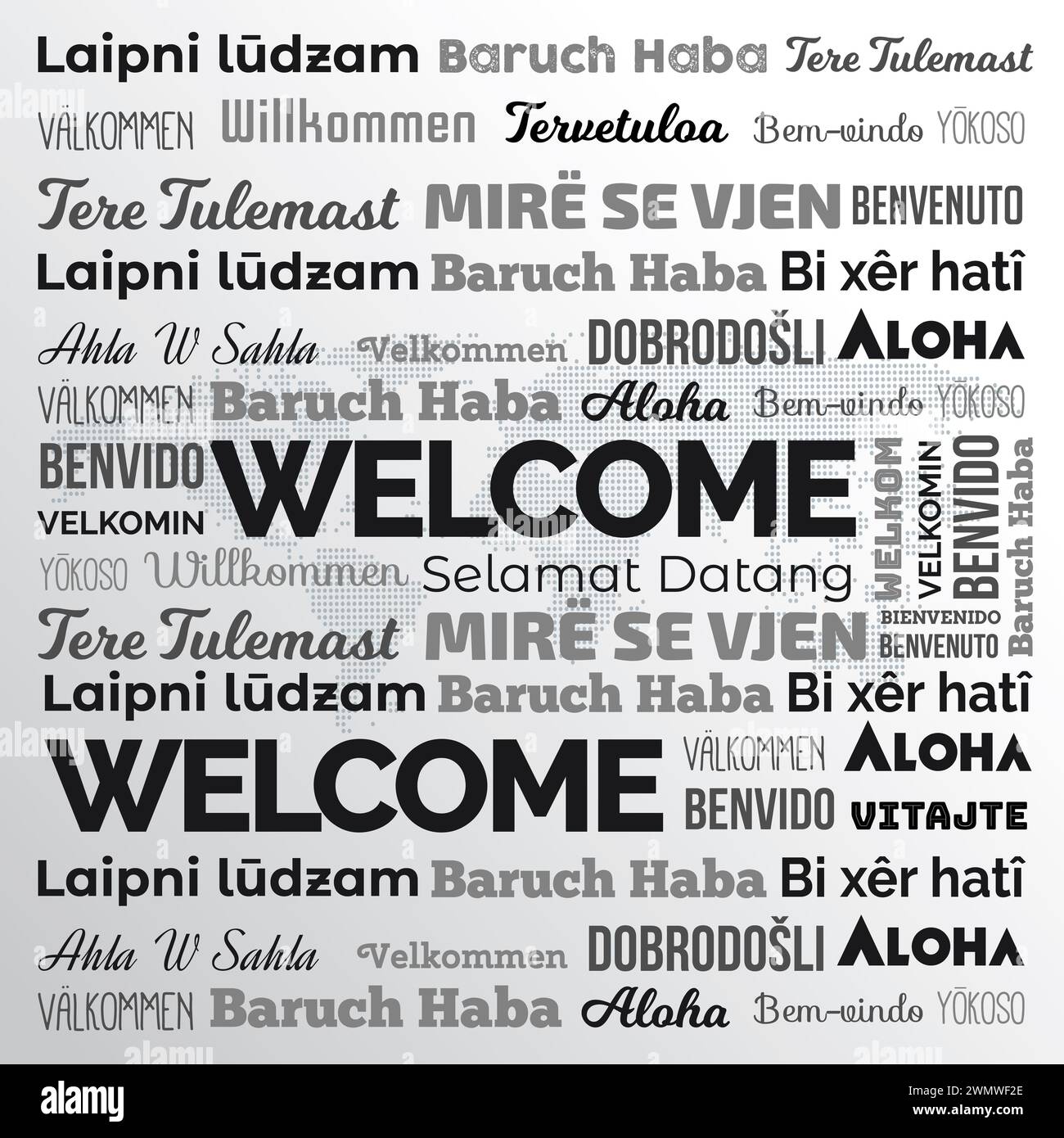 A multilingual Welcome typography design on a white background Stock ...