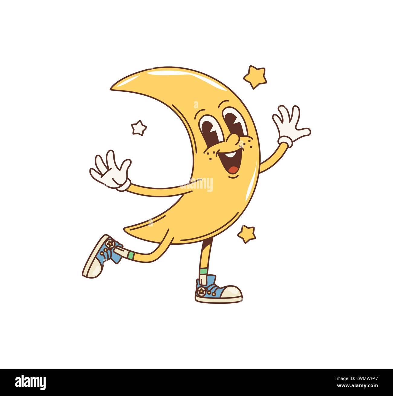 Cartoon crescent moon groovy character. Isolated vector whimsical ...
