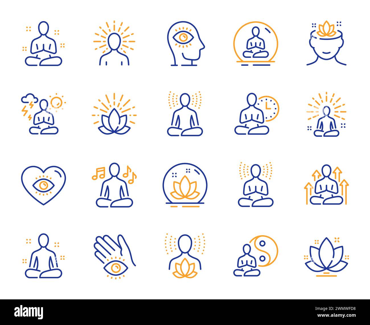 Yoga meditation line icons. Body balance, person relax and energy ...