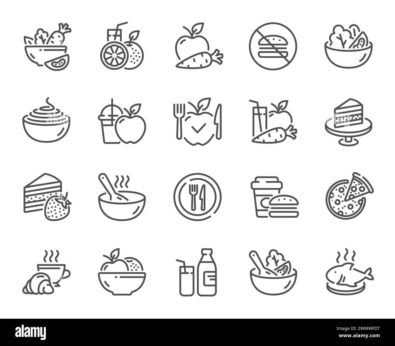 Meal line icons. Vegatable dish, poke bowl food and healthy salad set ...