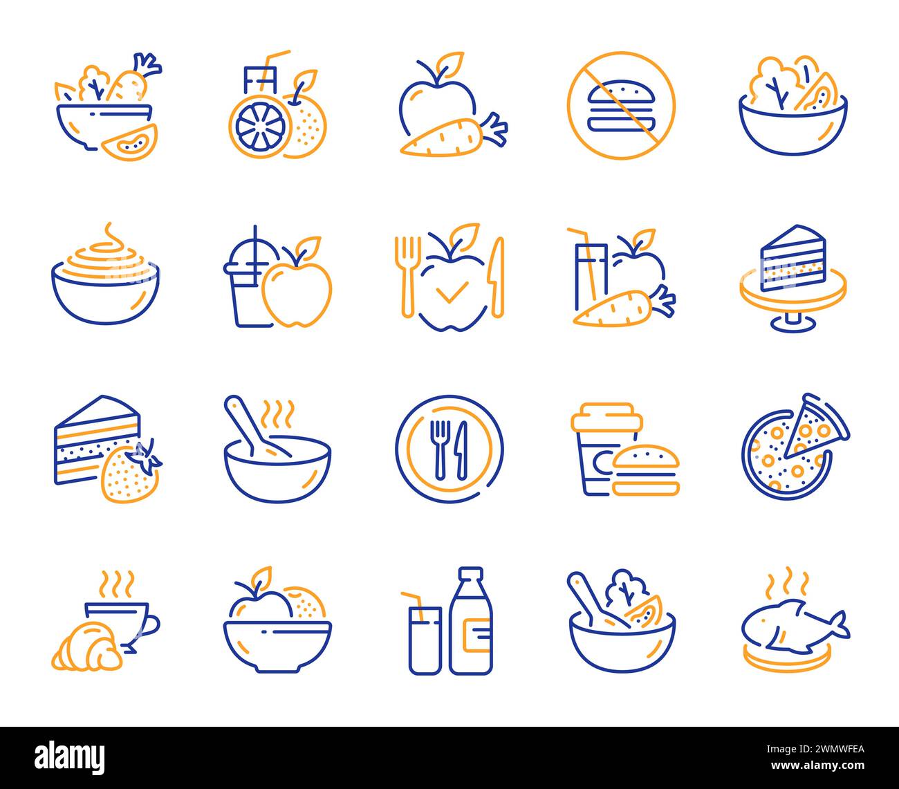 Meal line icons. Vegatable dish, poke bowl food and healthy salad set ...