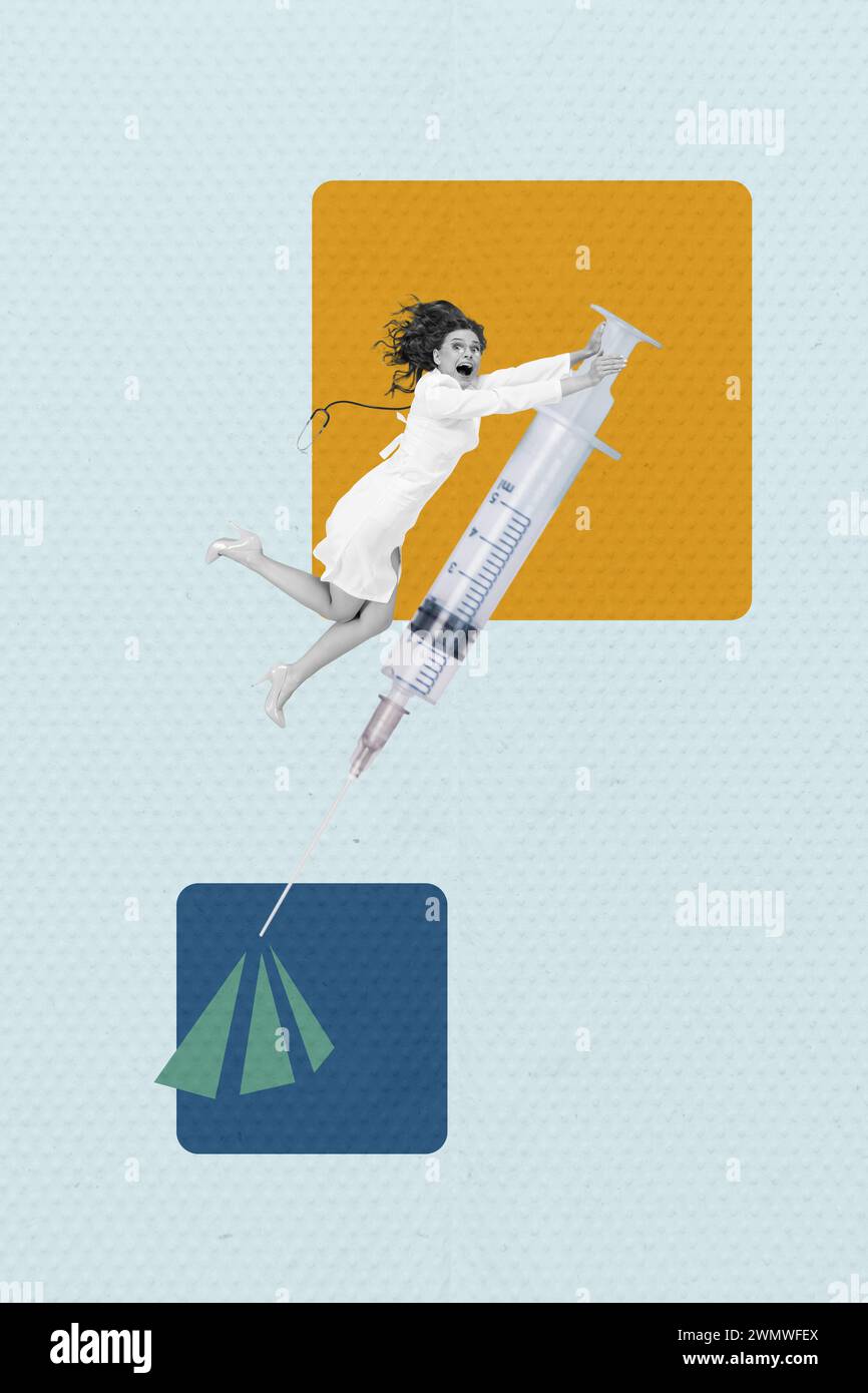 Collage 3d image retro sketch of flying female girl hang syringe ...
