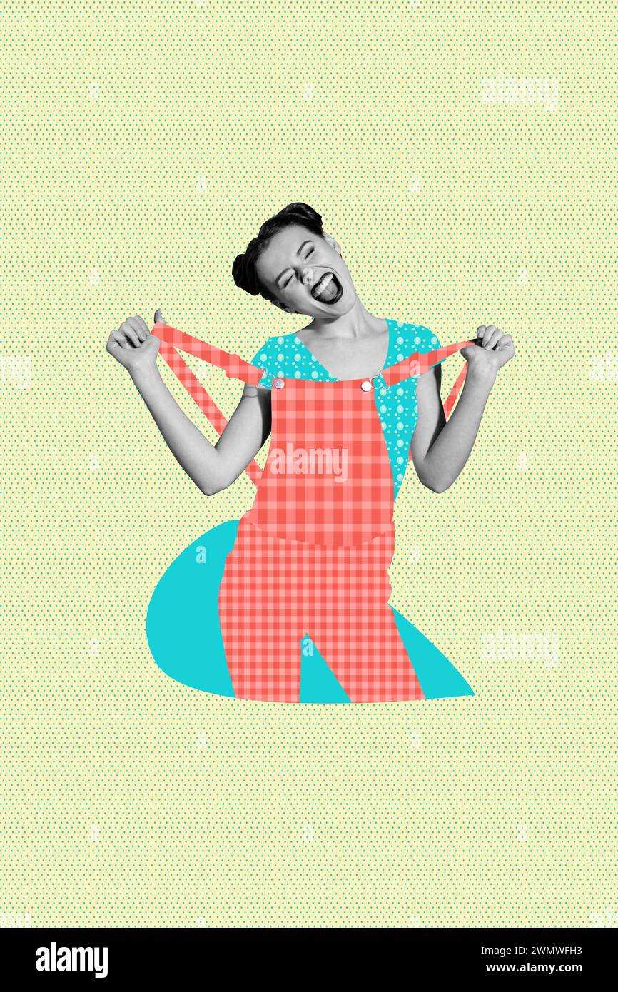 Vertical creative composite photo collage of ecstatic woman scream hold ...