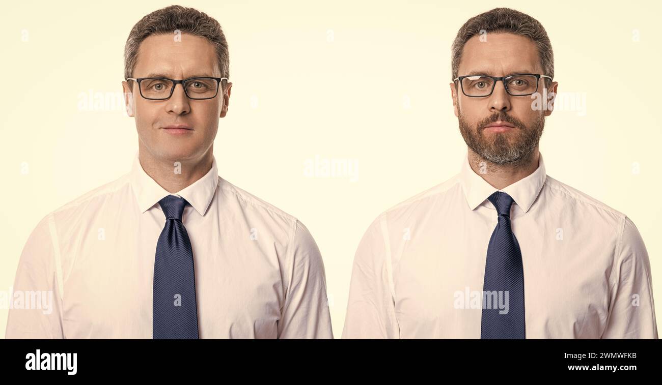 guy face in glasses stubble collage before and after in studio. guy ...