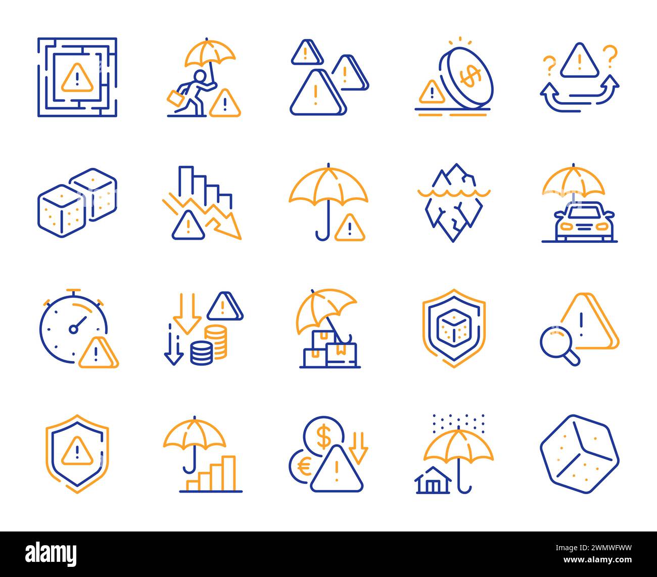 Risk management line icons. Safety umbrella, Iceberg threat and dice ...