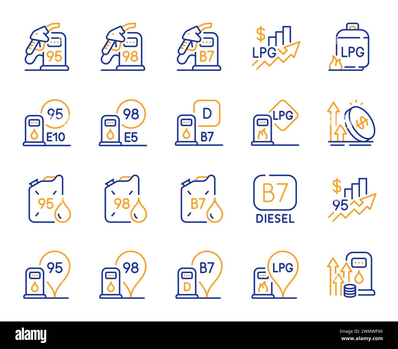 Filling gas station line icons. Petrol canister, B7 diesel fuel and gas ...