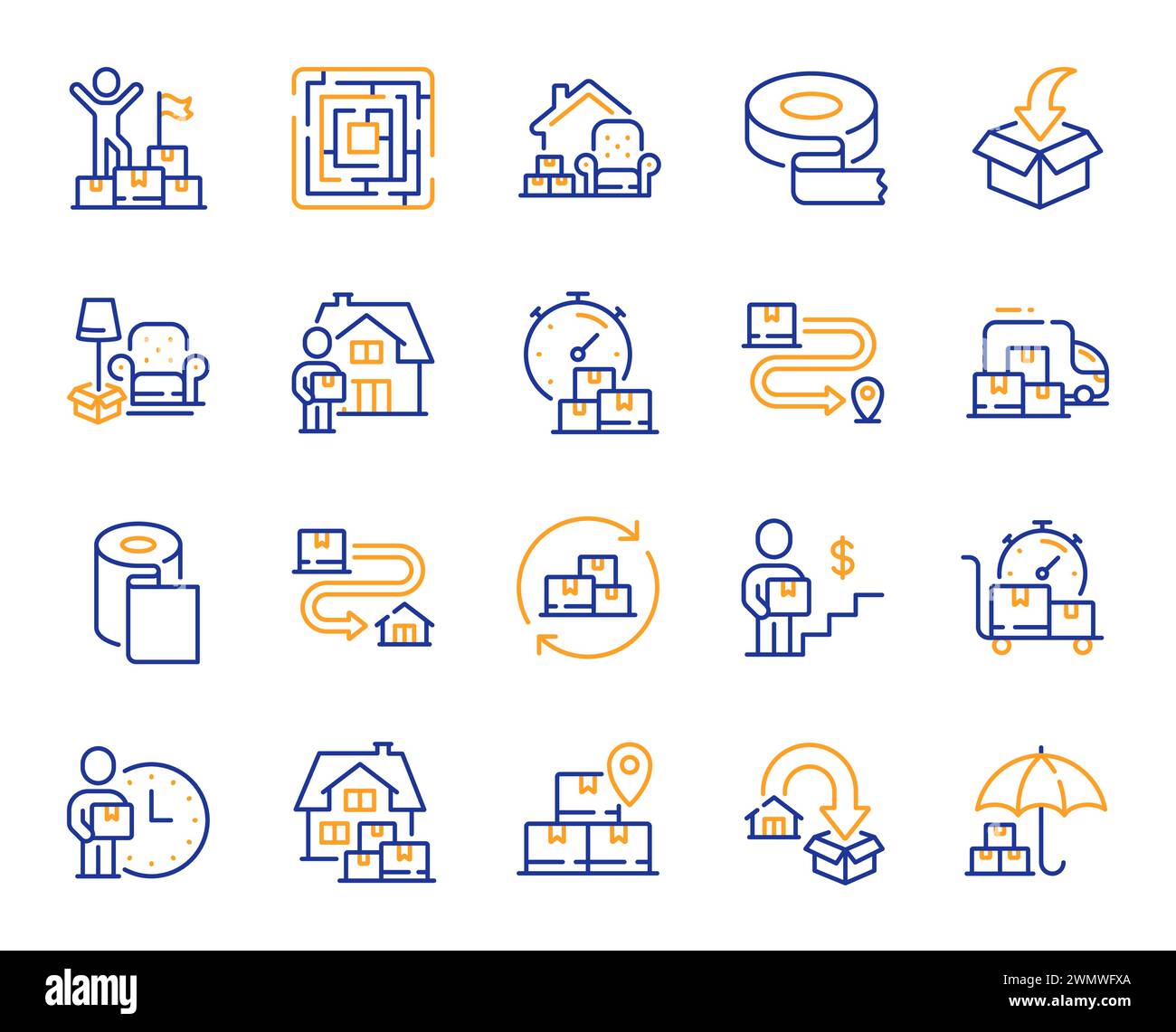 Moving service line icons. Furniture move, rent space and adhesive tape ...