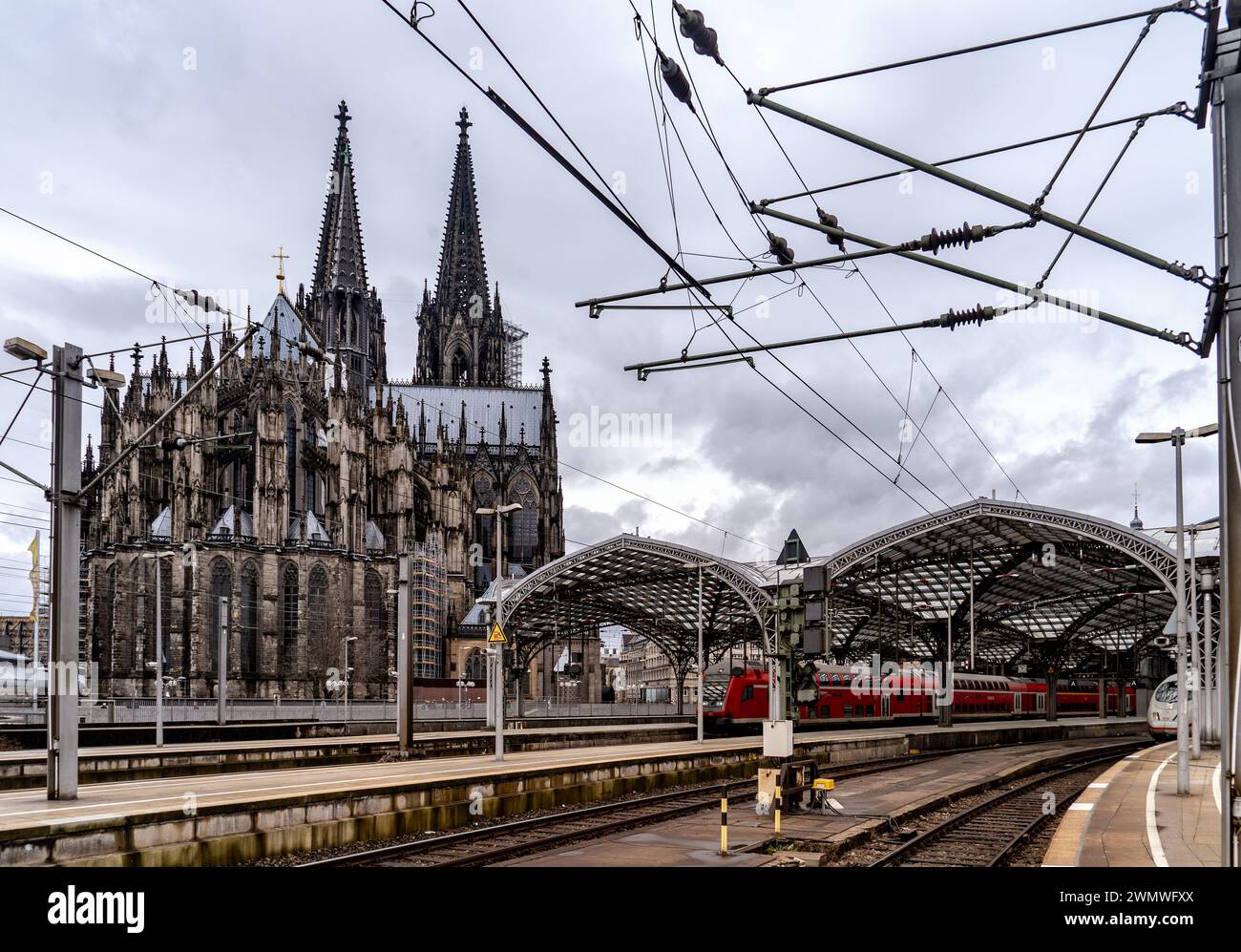The railroad that leads to the Cologne Main Train Station, its dome and ...