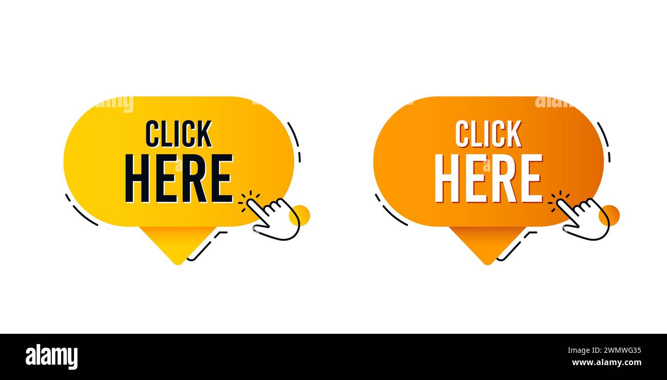 Click here speech bubble with hand clicking icon. Click here chat bubble with hand cursor ...