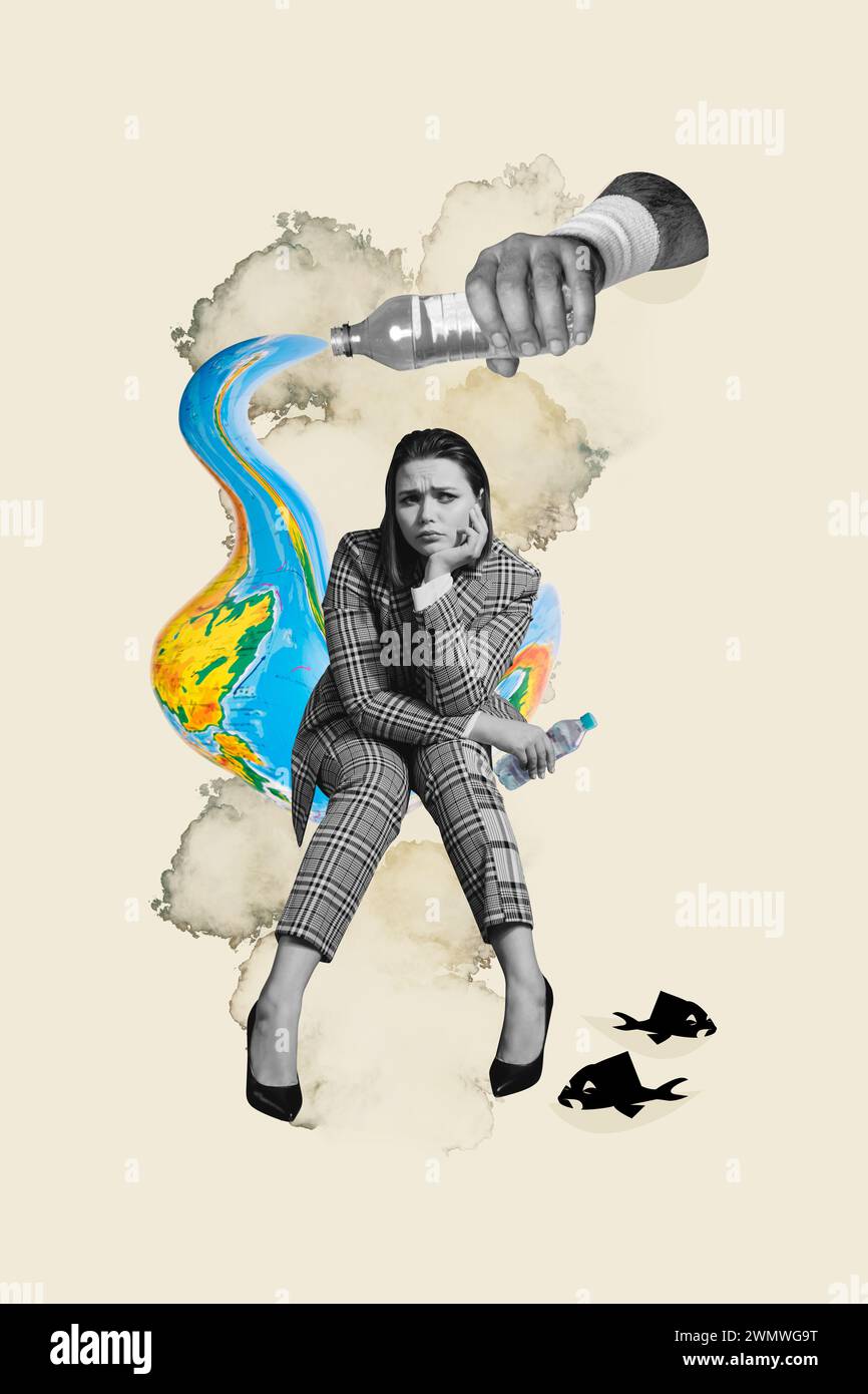 Vertical creative composite sketch photo collage of minded sad woman ...