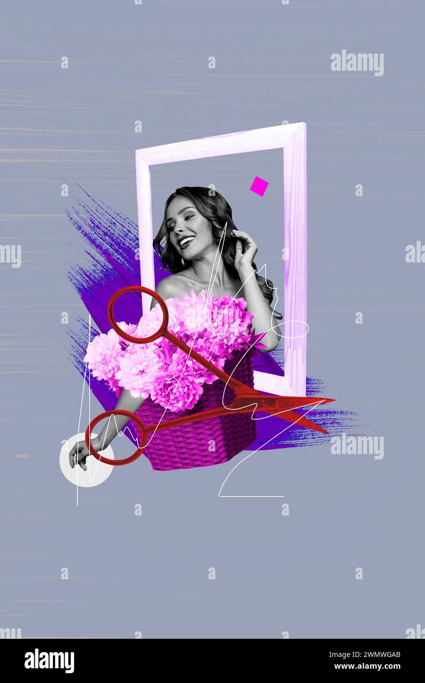 Vertical collage picture young gorgeous woman picture frame flowers ...