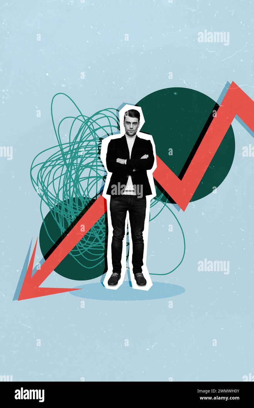 Creative vertical collage standing young businessman falling arrow down ...