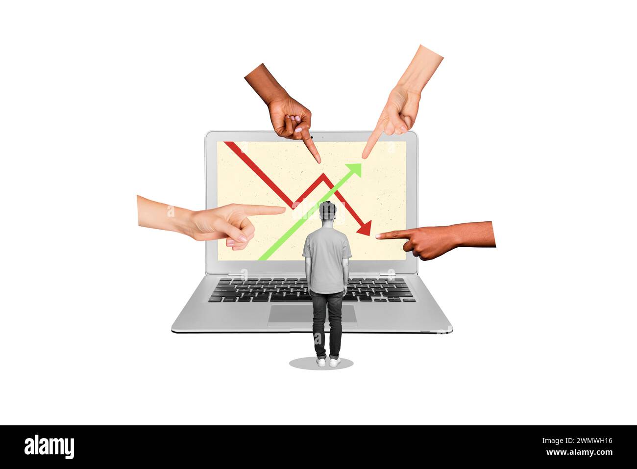 Creative abstract template collage of little man feel pressure worker ...