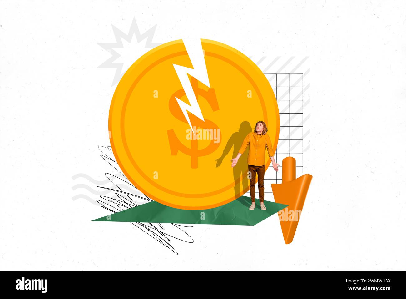 Creative poster collage of confused man trader big dollar golden coin ...