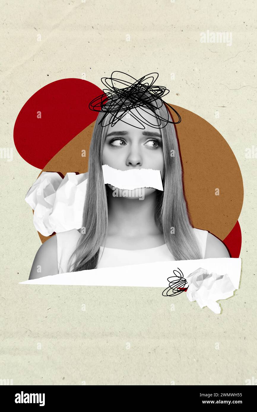 Vertical collage poster young girl stressed worried mind mess drawing ...