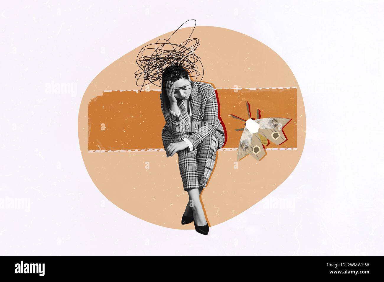 Photo collage creative picture young lady worker sit depressed drawing ...