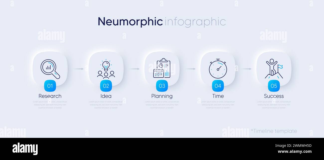 Business timeline chart template. Neumorphic infographic 5 square steps ...