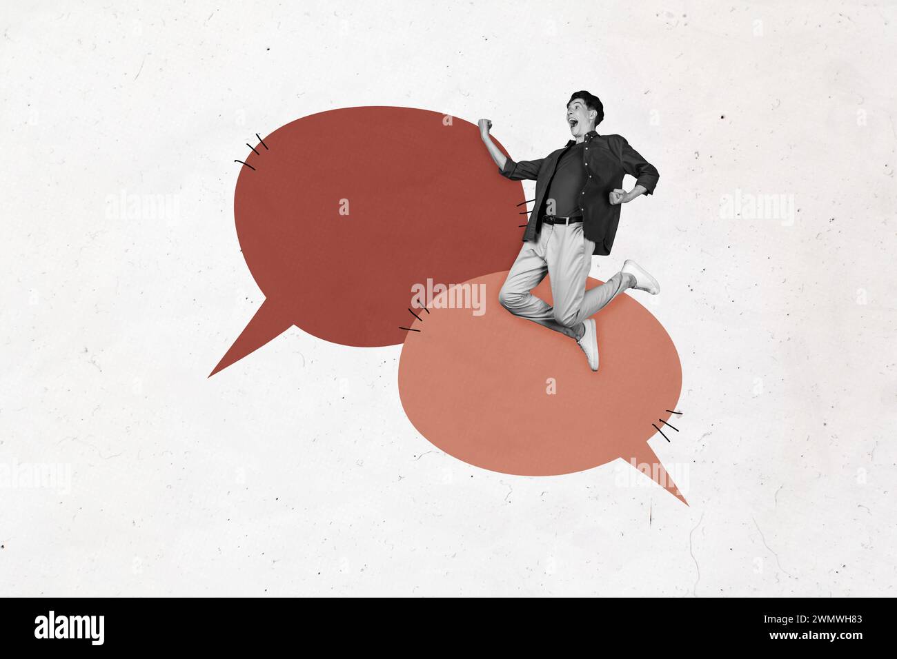 Creative abstract template collage of funny young man jumping have fun ...