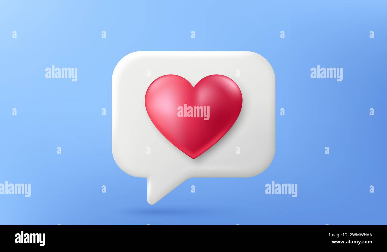 3d love like icon. Notification chat bubble with heart isolated on blue ...