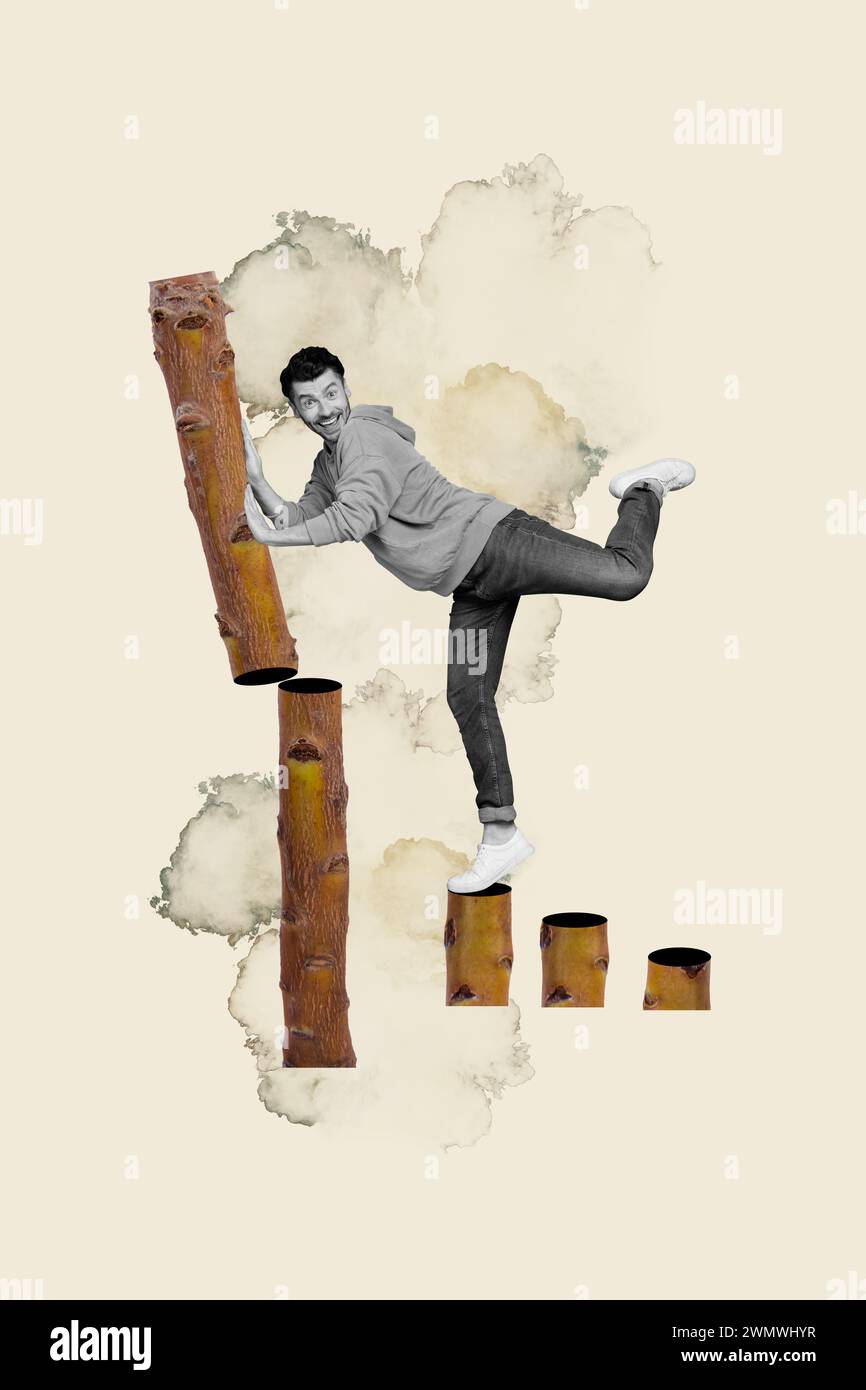 Creative vertical collage poster standing young crazy man keep balance ...
