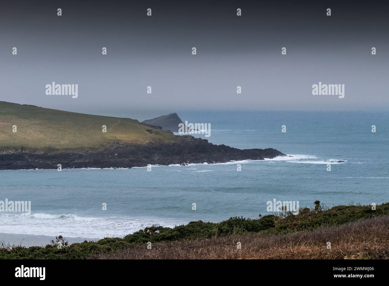UK weather. A bleak cold chilly day over the coast of Crantock Bay in ...
