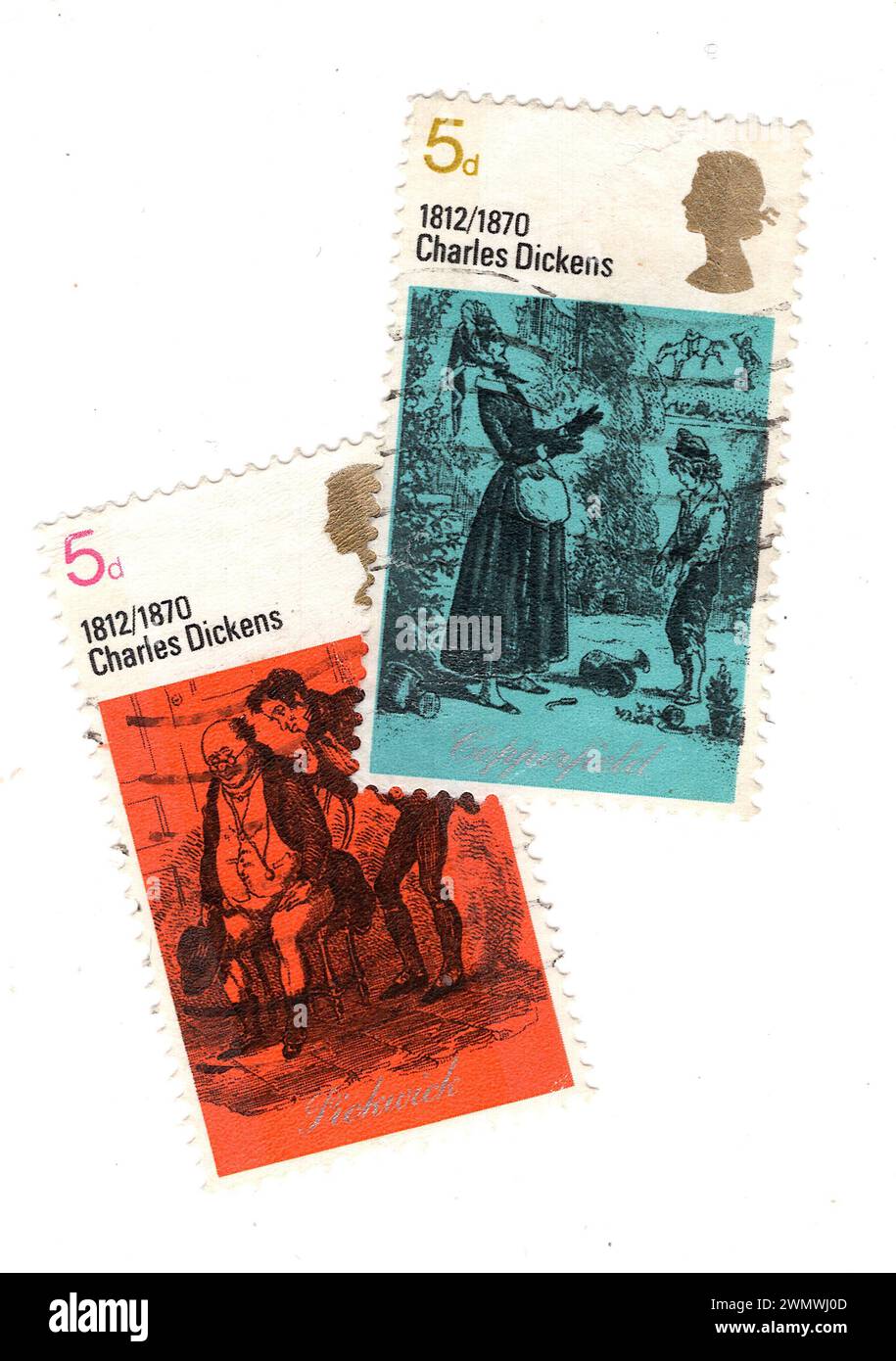 Vintage Dickens postage stamps from the United Kingdom isolated on a ...
