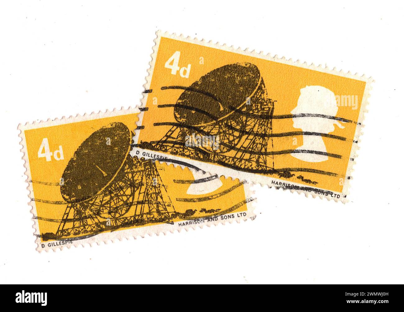 Vintage radar postage stamps from the United Kingdom isolated on a ...
