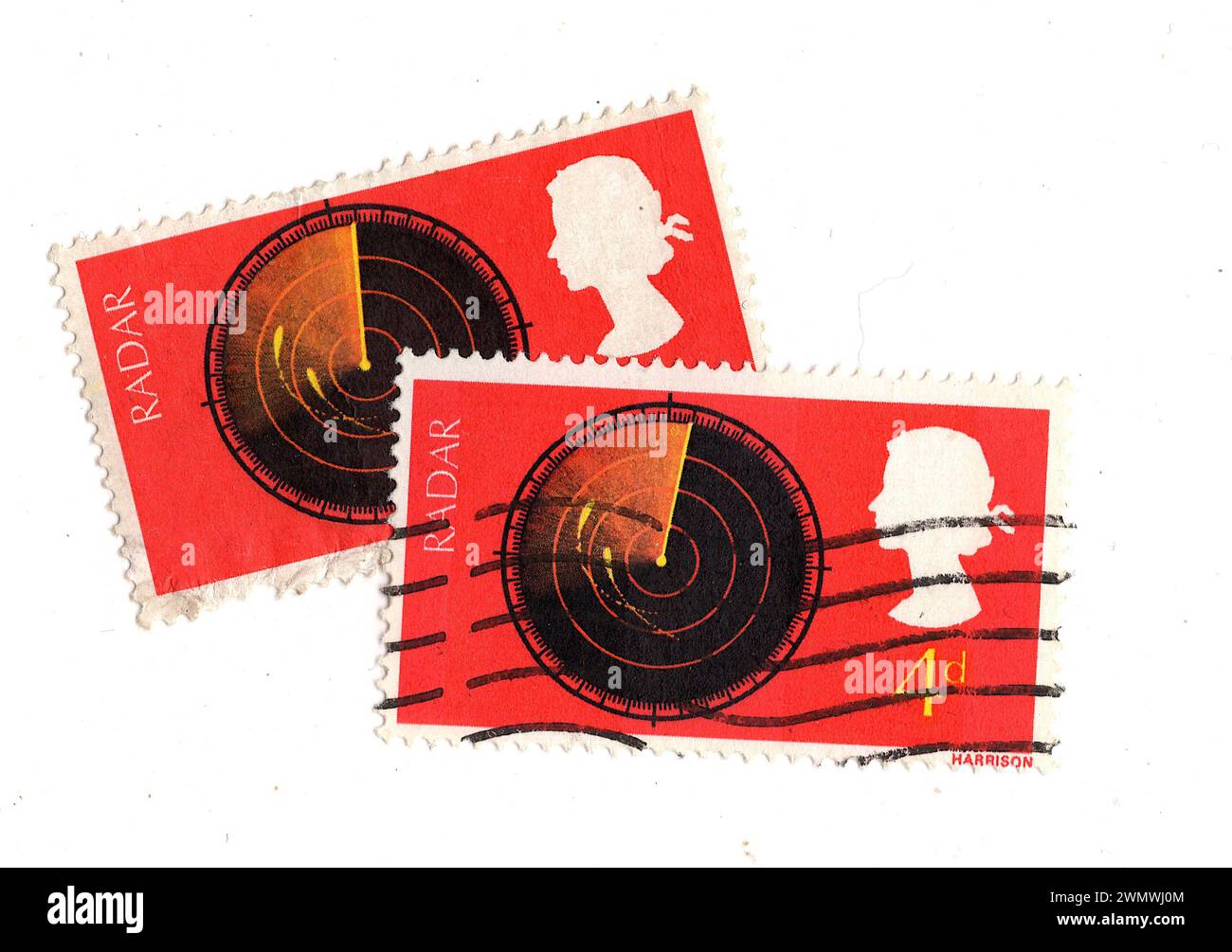 Vintage radar postage stamps from the United Kingdom isolated on a ...
