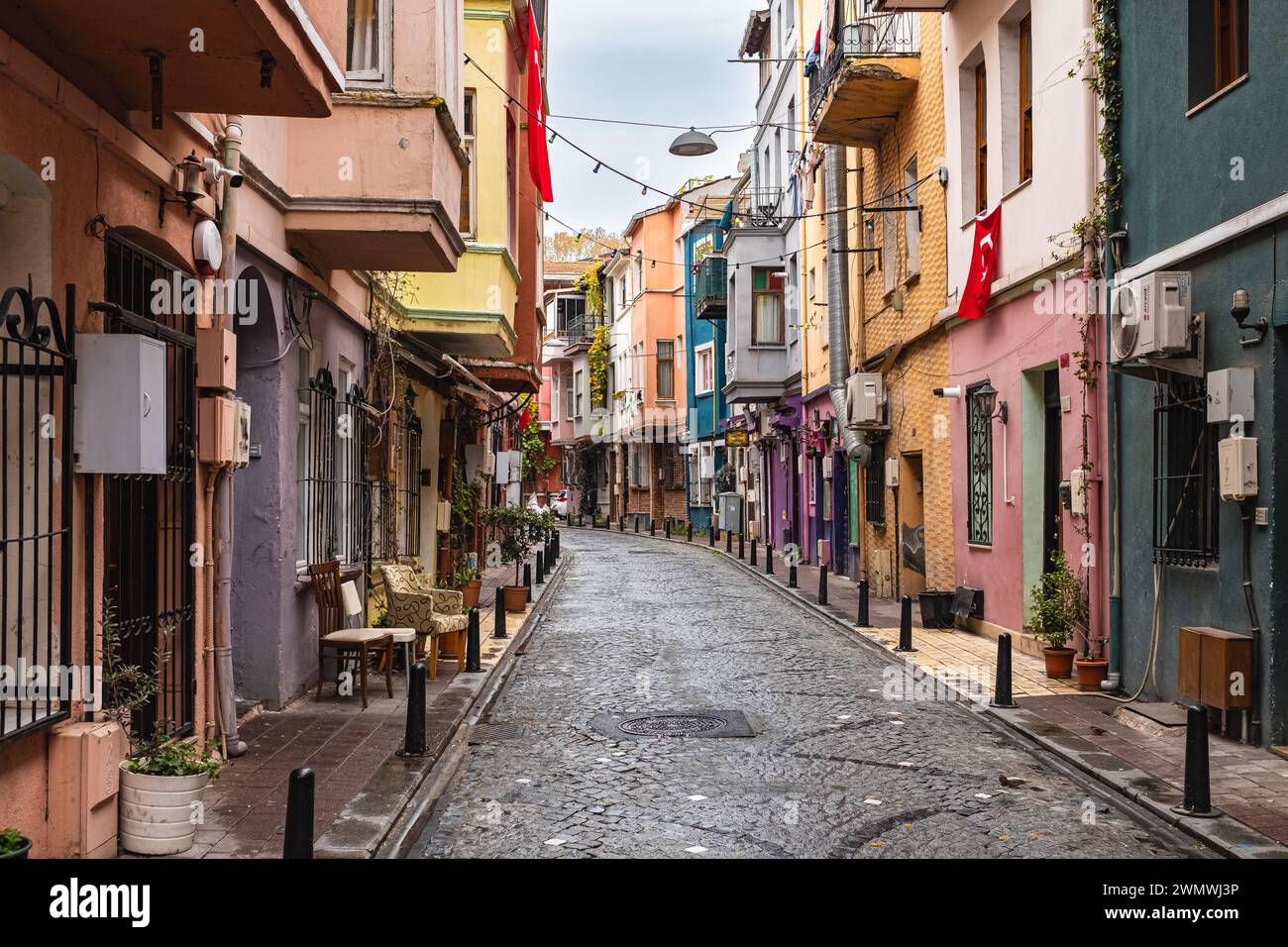 Balat district street view in Istanbul. Balat is popular tourist ...