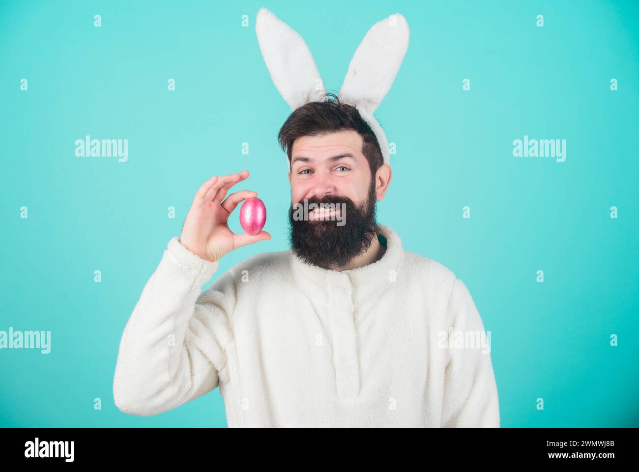 Funny bunny with beard and mustache. Join celebration. Having fun. Grinning bearded man wear ...