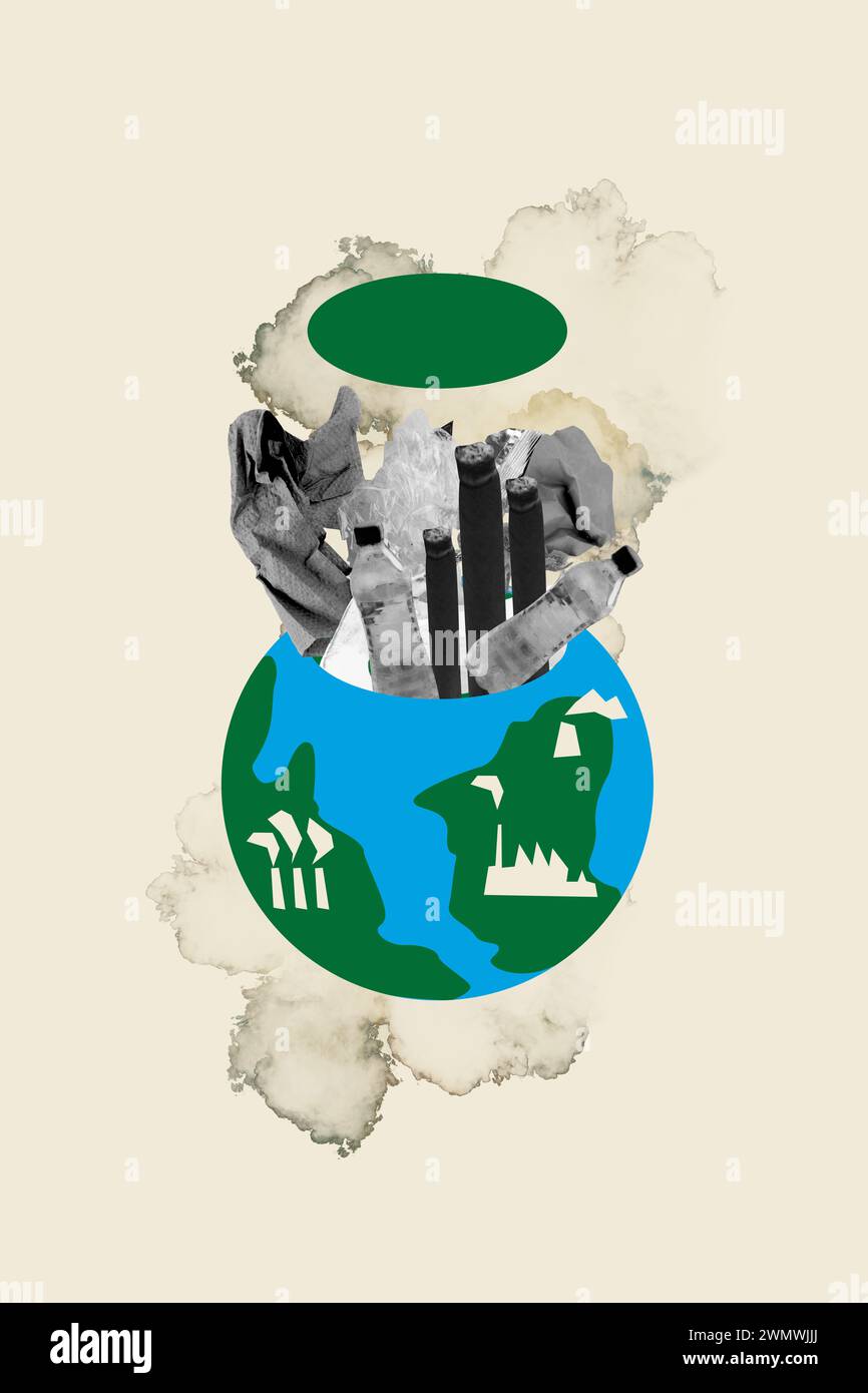 Creative vertical collage banner earth planet pollution plastic bottle ...