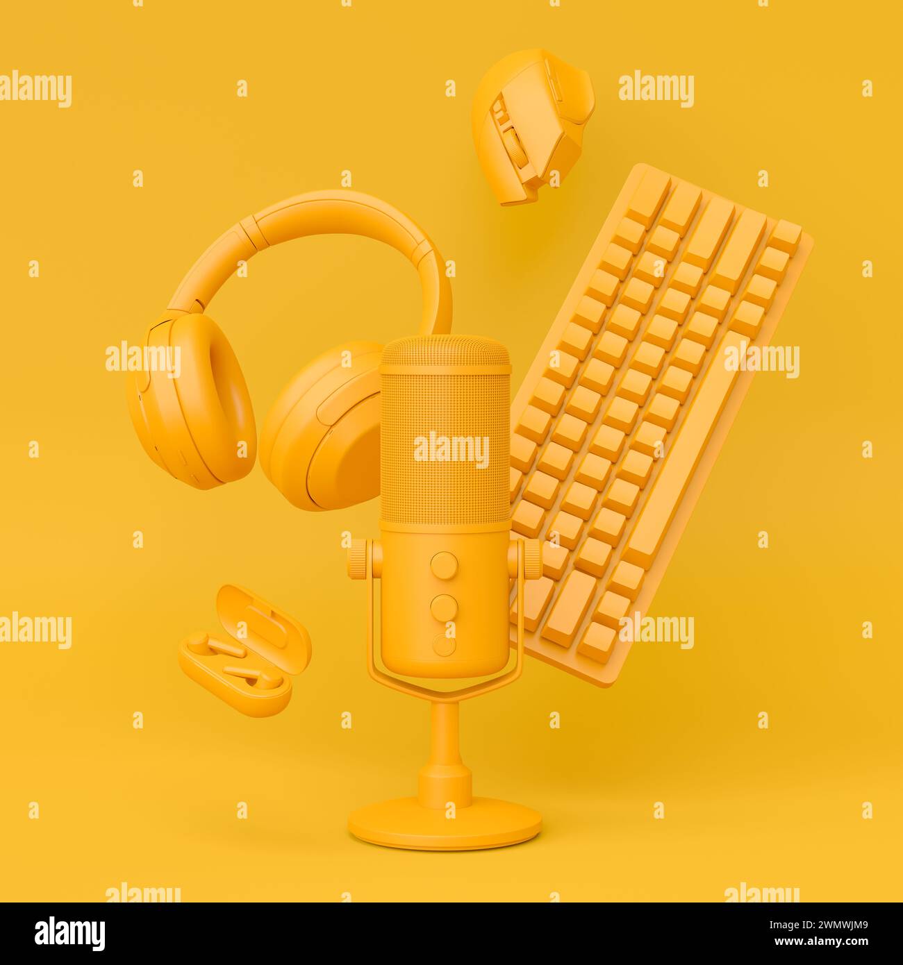 Flying gamer monochrome gears like mouse, keyboard, joystick, headset ...