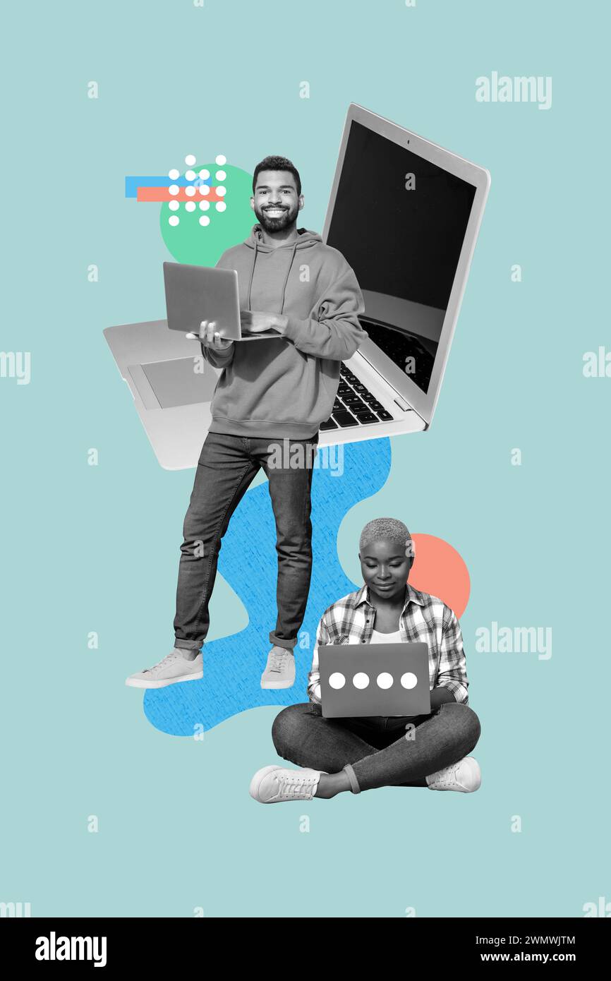 Vertical creative collage poster two colleagues remote workers cowork ...