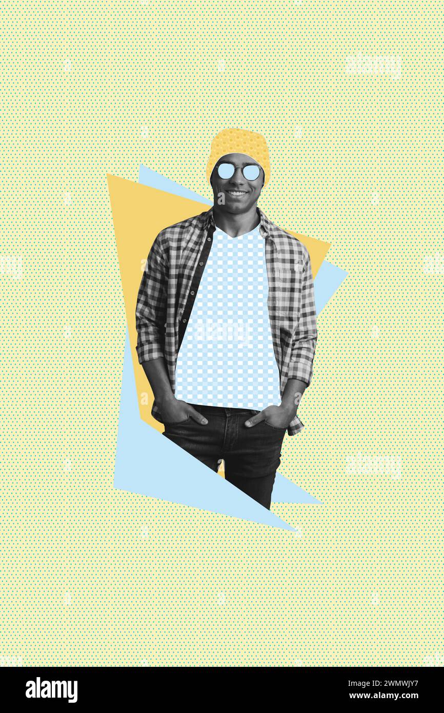 Vertical creative photo collage standing young stylish man sunglass ...