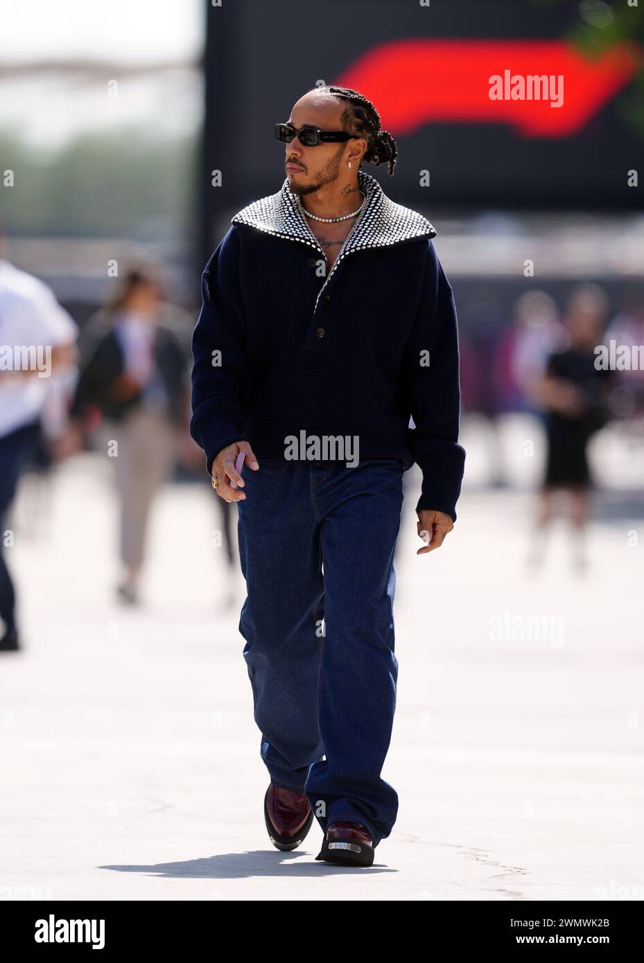 Mercedes driver Lewis Hamilton arriving at the Bahrain International ...