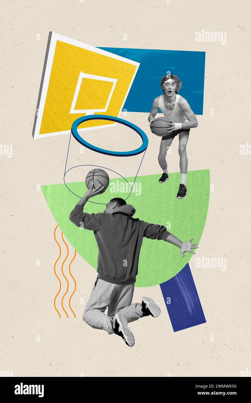 Vertical collage of throwing ball into basket playing basketball warm ...