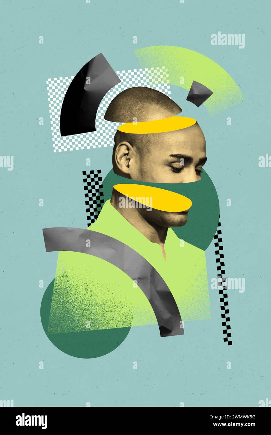 Collage vertical picture absurd illustration of bald young man cutted ...