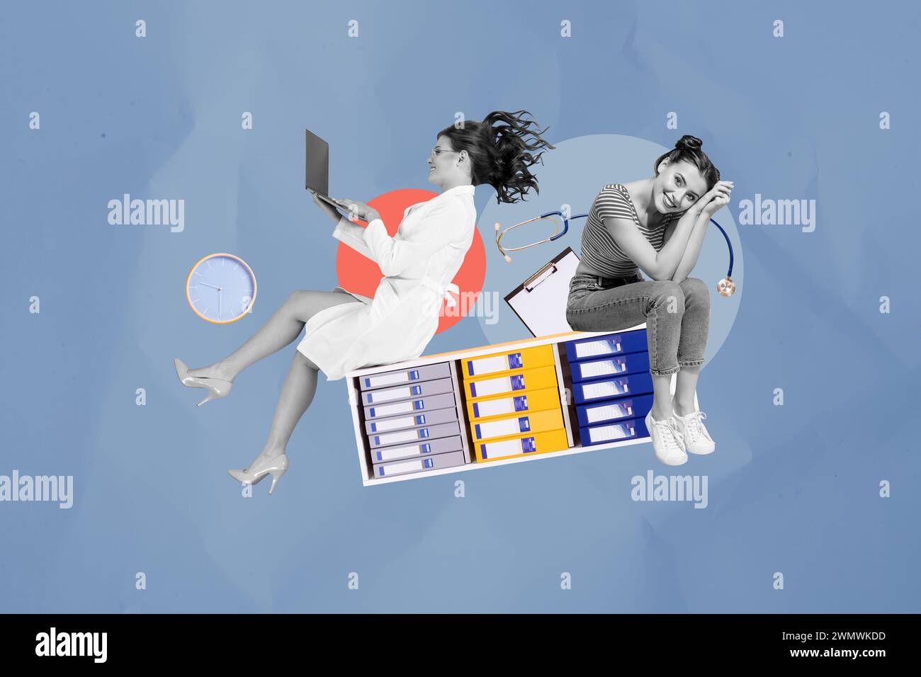 Collage image of two people smiling happy doctor and patient in clinic ...