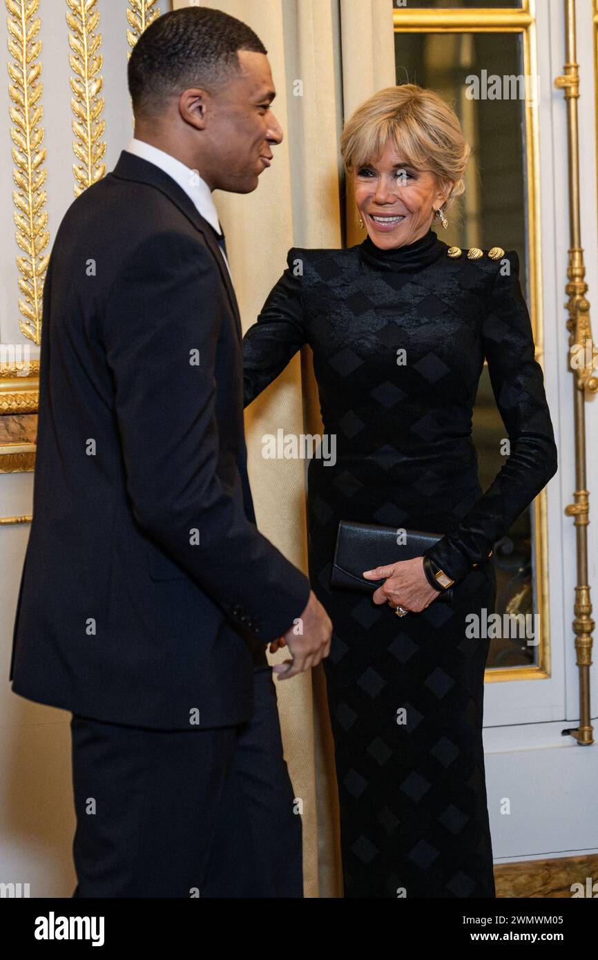 Paris, France. 27th Feb, 2024. Kylian Mbappe, Brigitte Macron at an ...