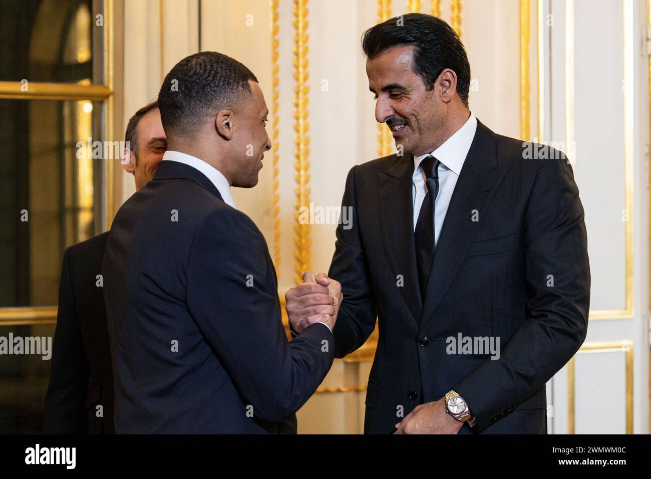 Paris, France. 27th Feb, 2024. Kylian Mbappe and Qatar s Emir Sheikh ...