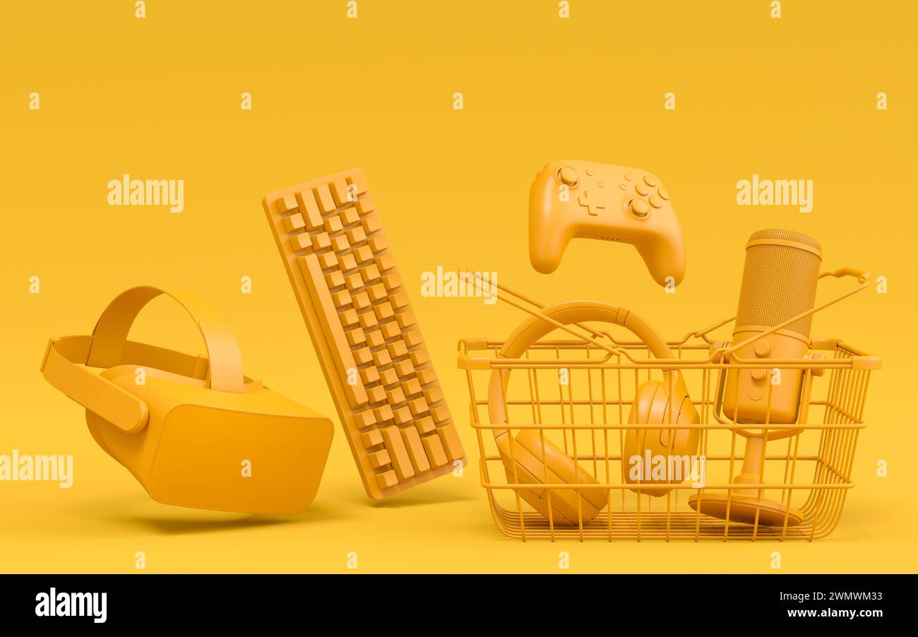 Flying gamer gears like mouse, keyboard, joystick, headset, VR Headset ...