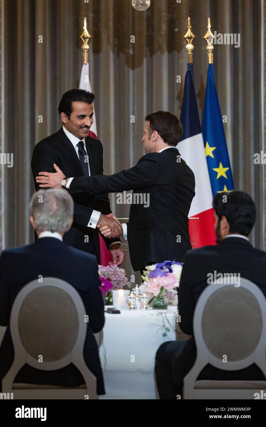 Paris, France. 27th Feb, 2024. Qatar s Emir Sheikh Tamim bin Hamad al ...