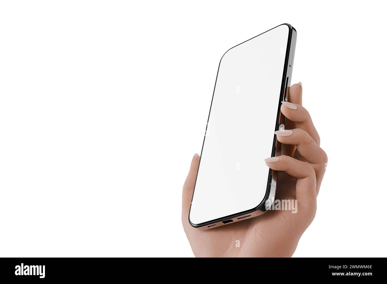 Smartphone with a modern bezel-less design in the hand of a woman ...