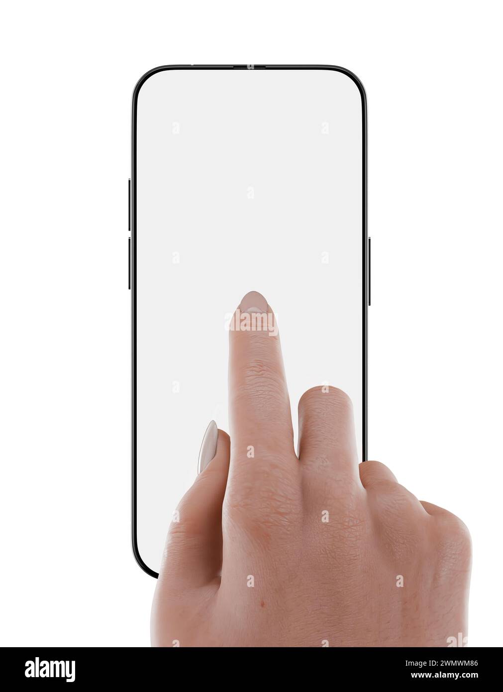 Smartphone with a modern bezel-less design, a woman's hand tap on the ...